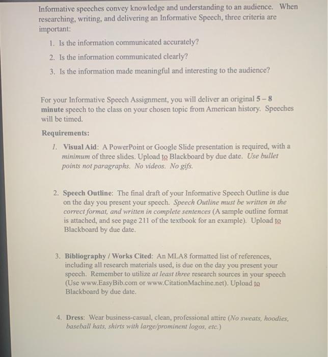 Informative speeches convey knowledge and | Chegg.com