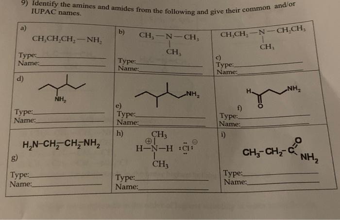 Solved 9) Identify the amines and amides from the following | Chegg.com