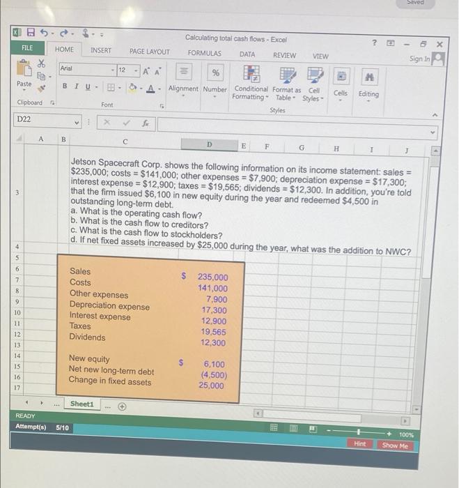 Solved Saved 05 Calculating total cash flows - Excel ? 6 X | Chegg.com