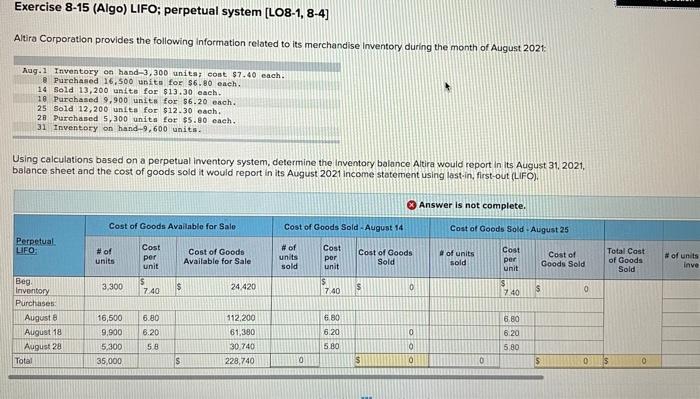 Solved Exercise 8-15 (Algo) LIFO; perpetual system (LO8-1, | Chegg.com