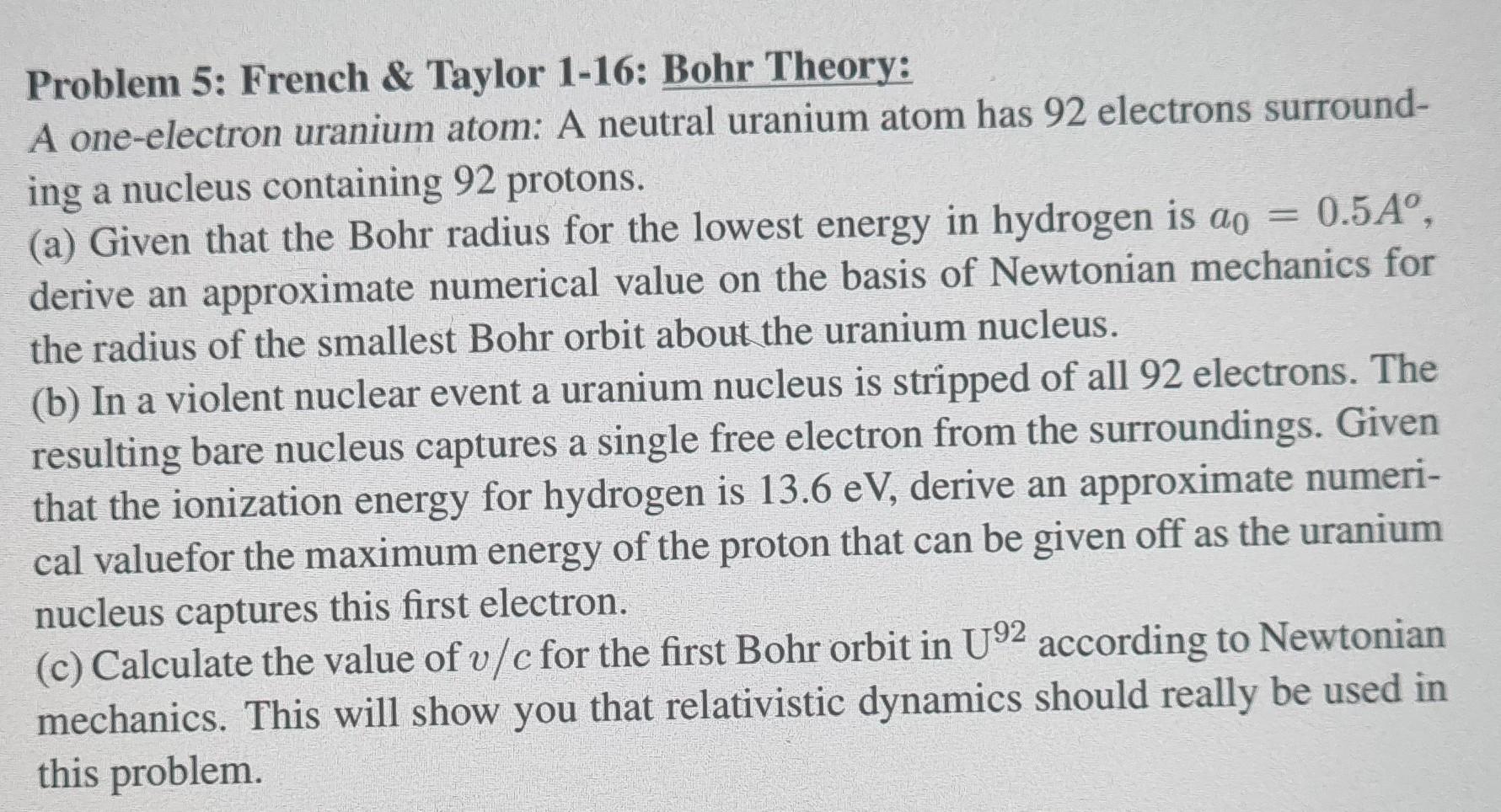 Solved Problem 5: French \& Taylor 1-16: Bohr Theory: A | Chegg.com