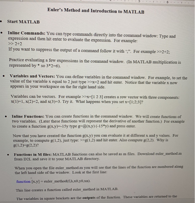Euler's method and Introduction to MATLAB.docx - | Chegg.com
