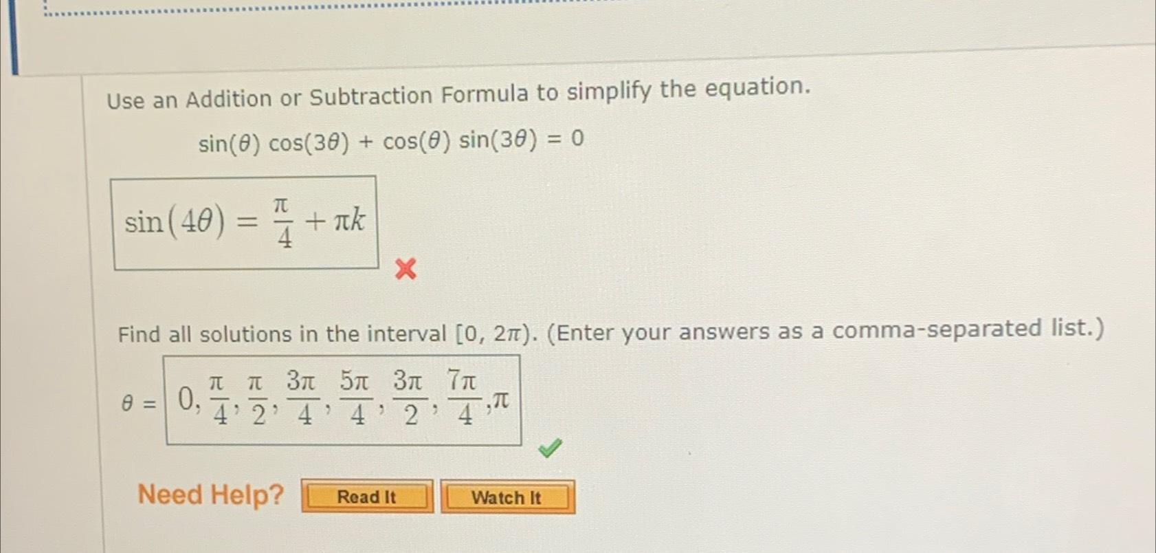 Solved Use an Addition or Subtraction Formula to simplify | Chegg.com