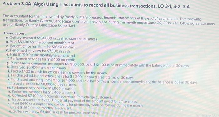 Solved Problem 3.4A (Algo) Using T accounts to record all | Chegg.com