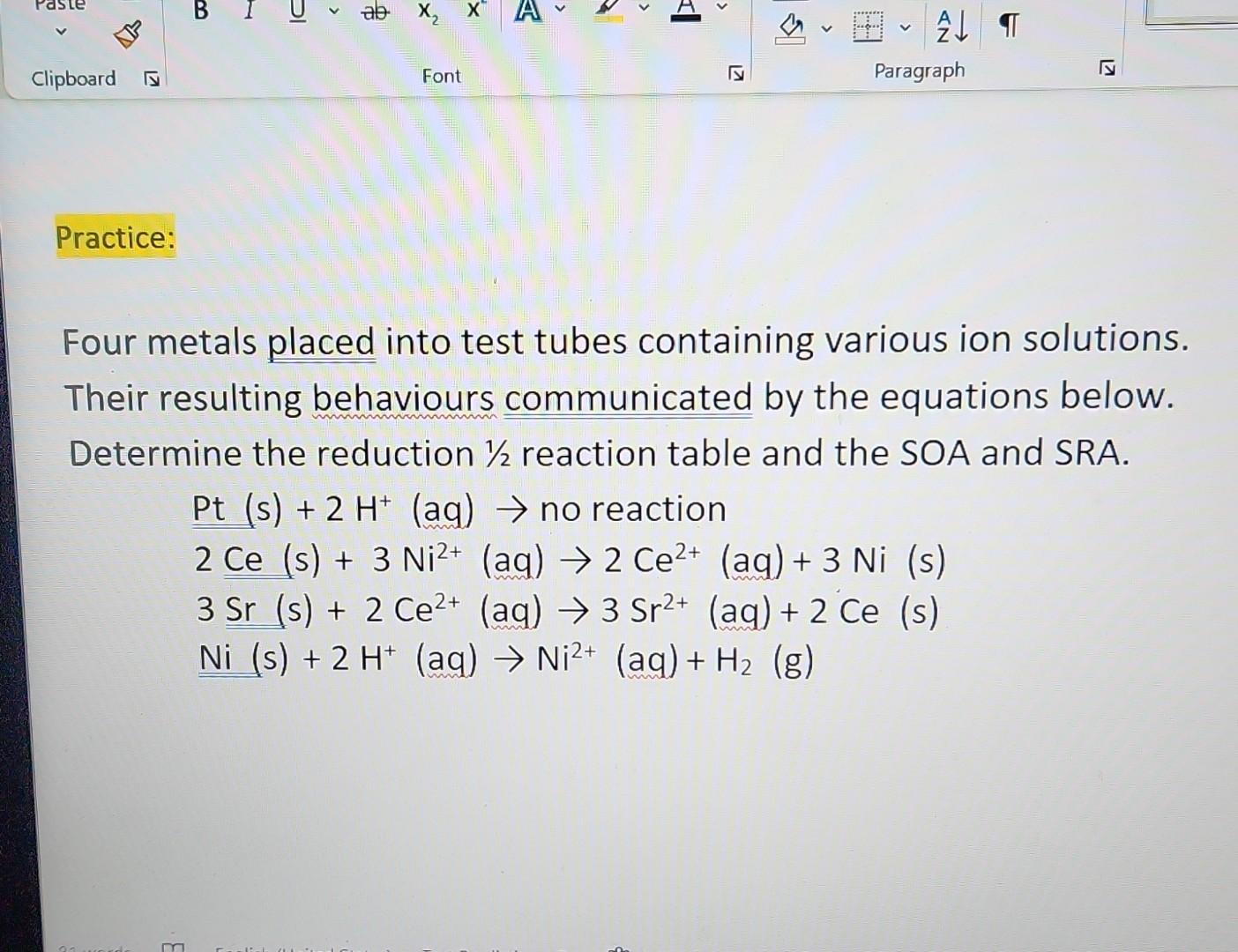 Solved Four metals placed into test tubes containing various | Chegg.com