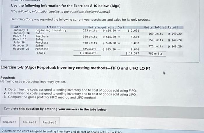 Solved Use the following information for the Exercises 8-10 | Chegg.com