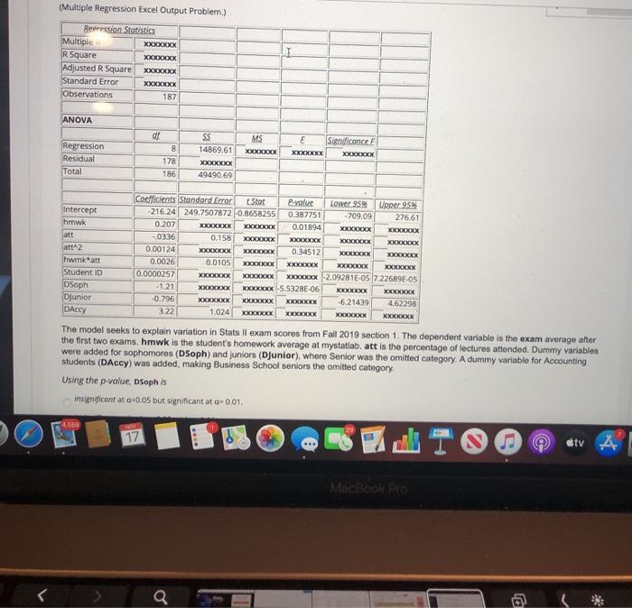 Solved (Multiple Regression Excel Output Problem.) I | Chegg.com