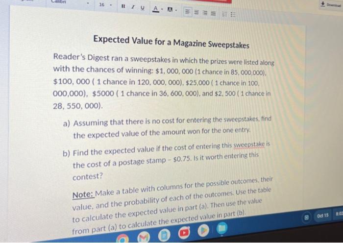 Solved Expected Value for a Magazine Sweepstakes Reader's | Chegg.com