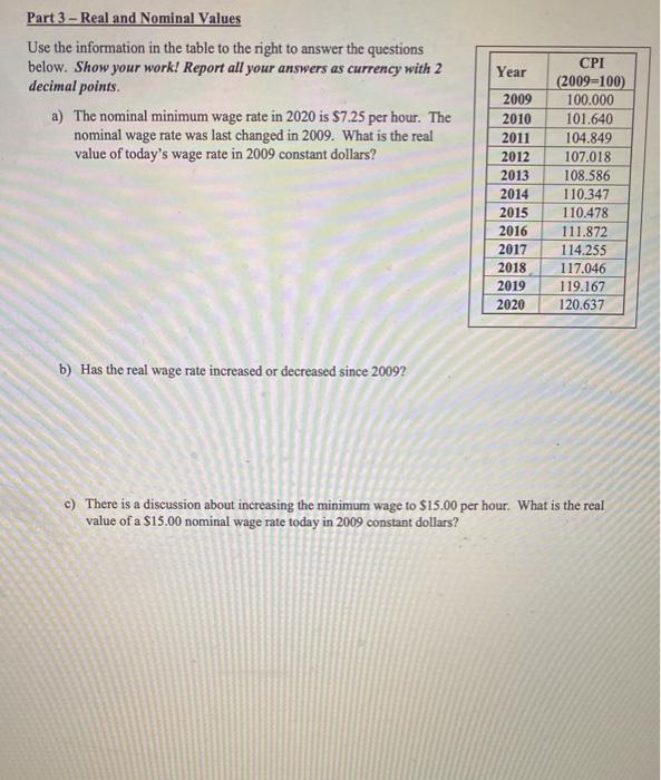 Solved Year Part 3 - Real and Nominal Values Use the | Chegg.com