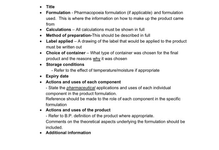 Solved • Title • Formulation - Pharmacopoeia formulation (if | Chegg.com