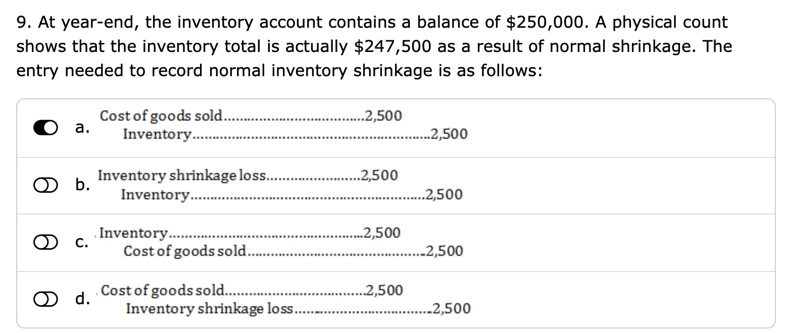 Solved At year-end, the inventory account contains a balance | Chegg.com