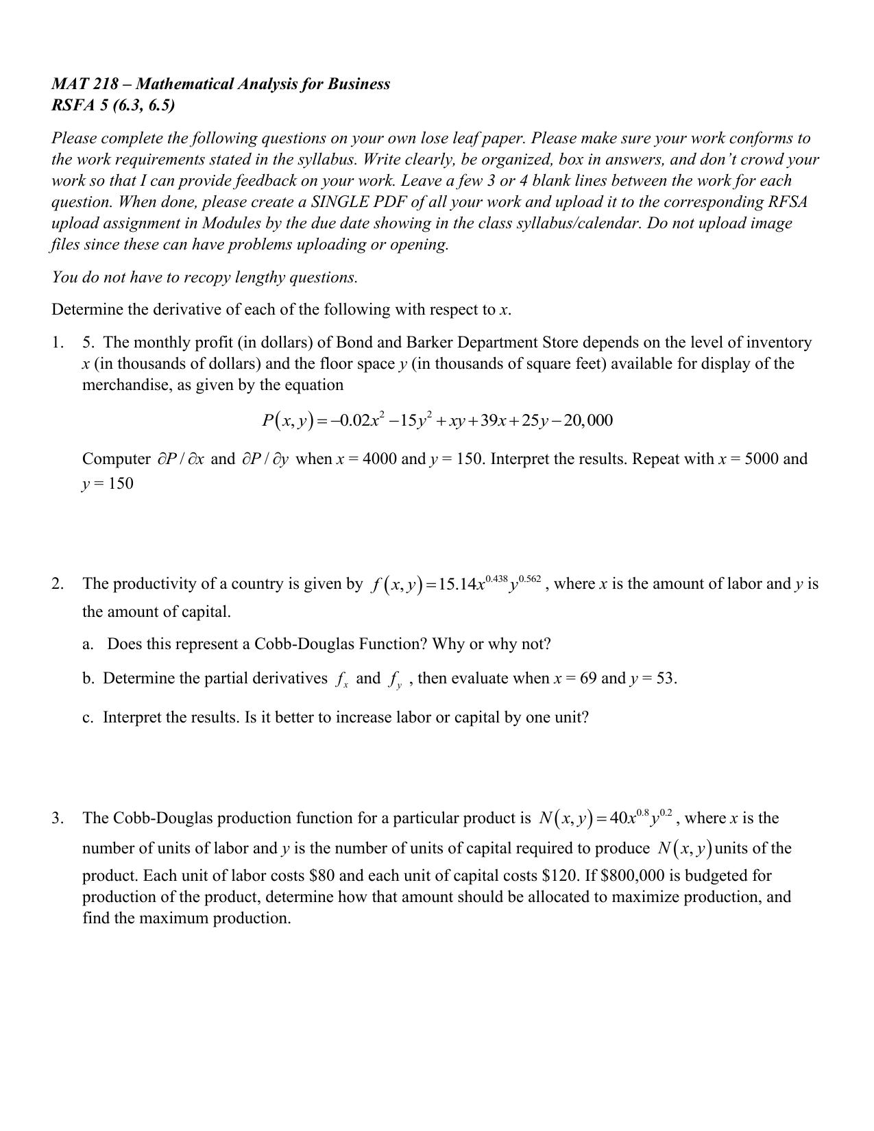 Solved MAT 218 - ﻿Mathematical Analysis for BusinessRSFA | Chegg.com