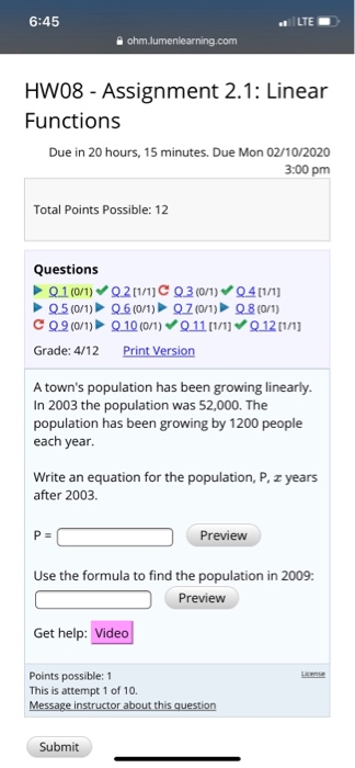 Solved 6:45 LTE ohm.lumenlearning.com HW08 - Assignment 2.1: | Chegg.com