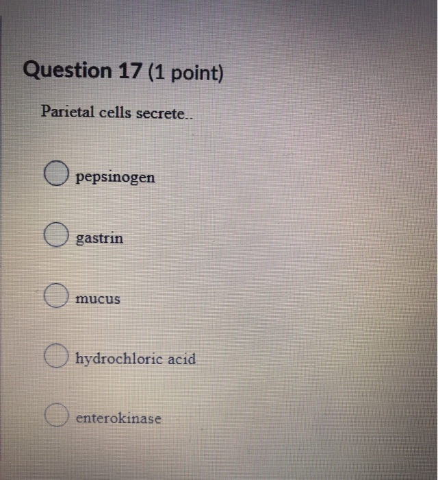Solved Question 17 (1 point) Parietal cells secrete.. | Chegg.com