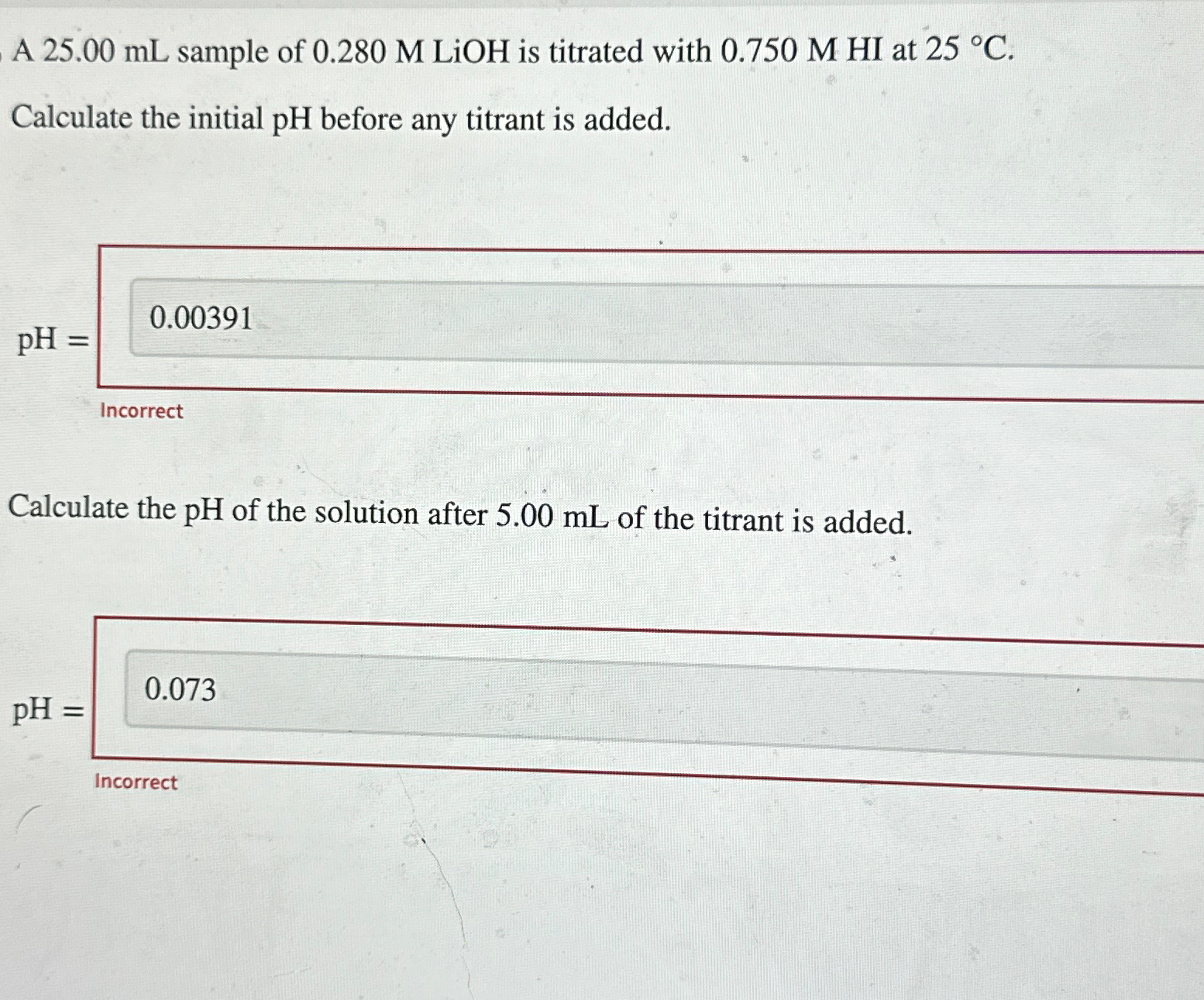 Solved A 25.00mL ﻿sample of 0.280MLiOH is titrated with | Chegg.com