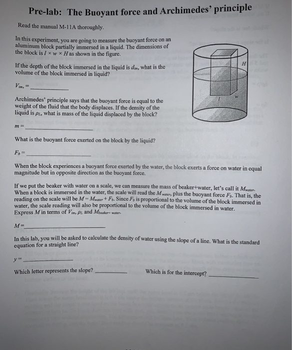 Solved Pre-lab: The Buoyant force and Archimedes' principle | Chegg.com