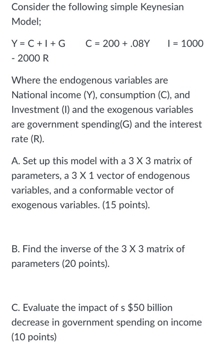 Solved Consider the following simple Keynesian Model; C = | Chegg.com
