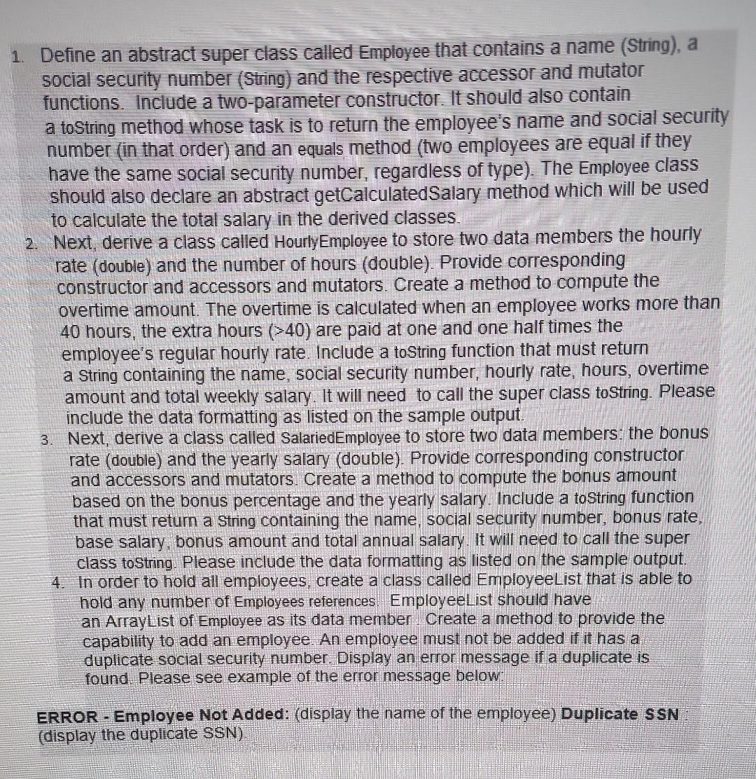 Solved 1. Define an abstract super class called Employee | Chegg.com