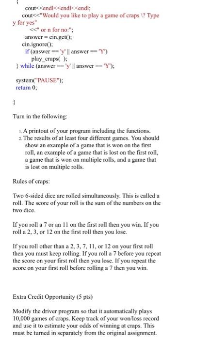 Solved Engr 40 Assignment Craps Game Write A Function To 0618