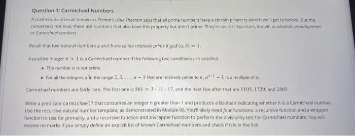 Question 1: Carmichael Numbers A mathematical result | Chegg.com