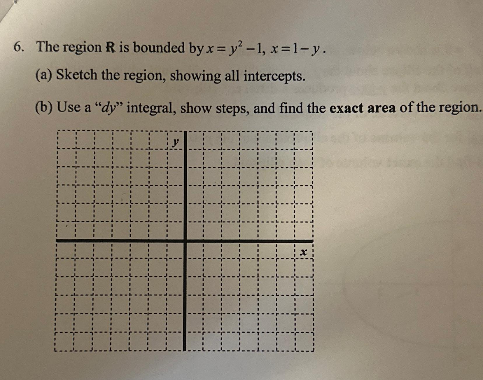 Solved The region R ﻿is bounded by x=y2-1,x=1-y.(a) ﻿Sketch | Chegg.com