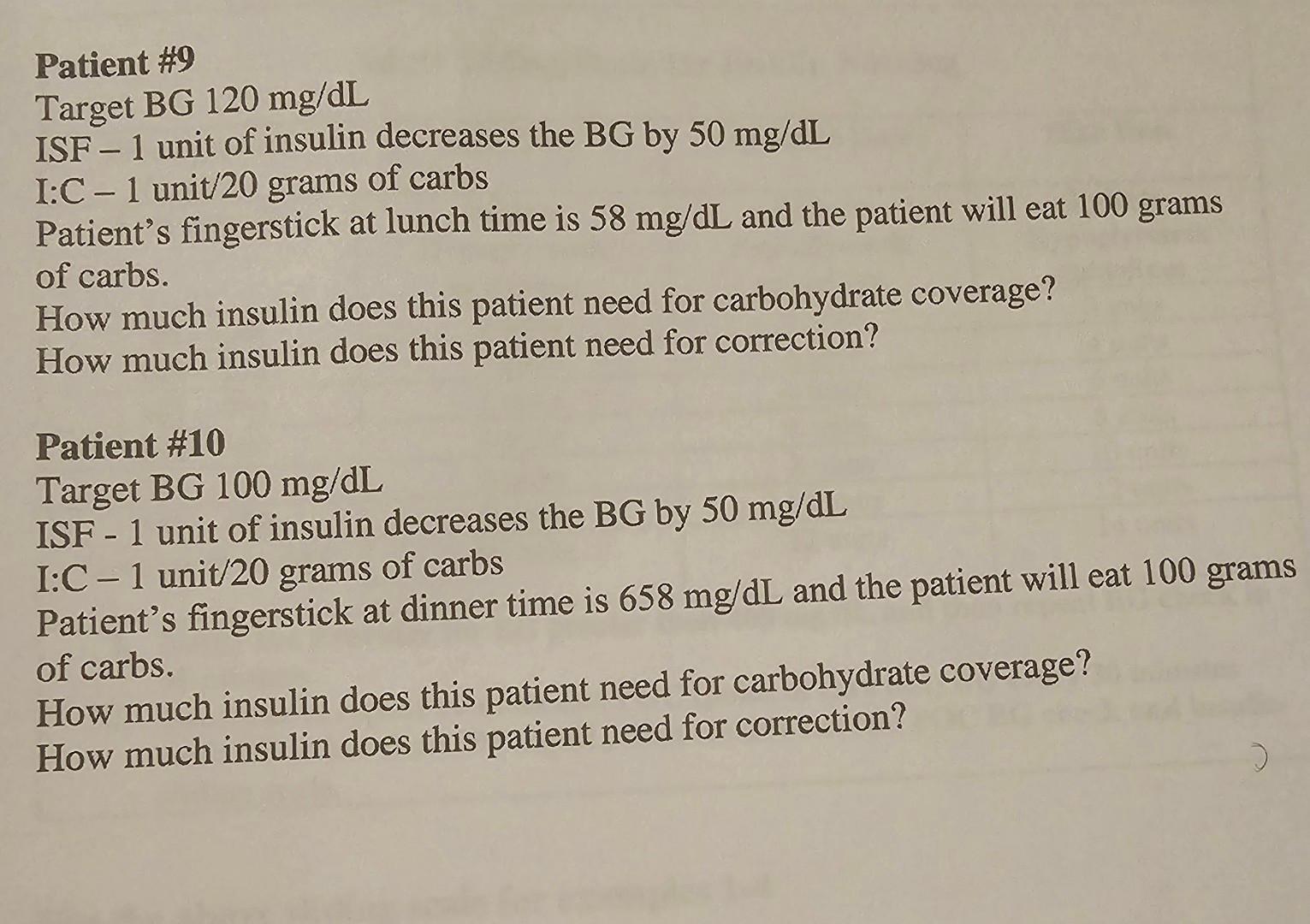 Solved Patient \#9 Target BG 120mg/dL ISF−1 unit of insulin | Chegg.com