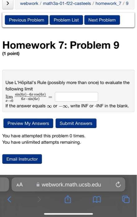 Solved Homework 7 Problem 9 1 Point Use Lhôpitals Rule
