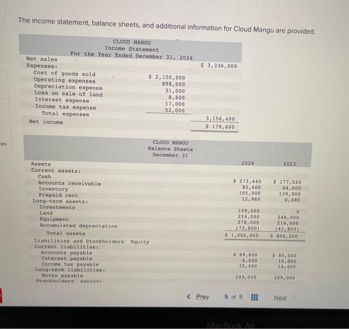 Solved The income statement, balance sheets, and additional | Chegg.com