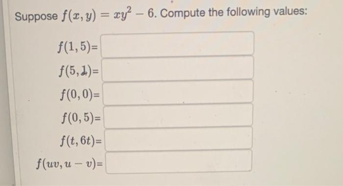 Solved opose f(x,y)=xy2−6. Compute the following values | Chegg.com