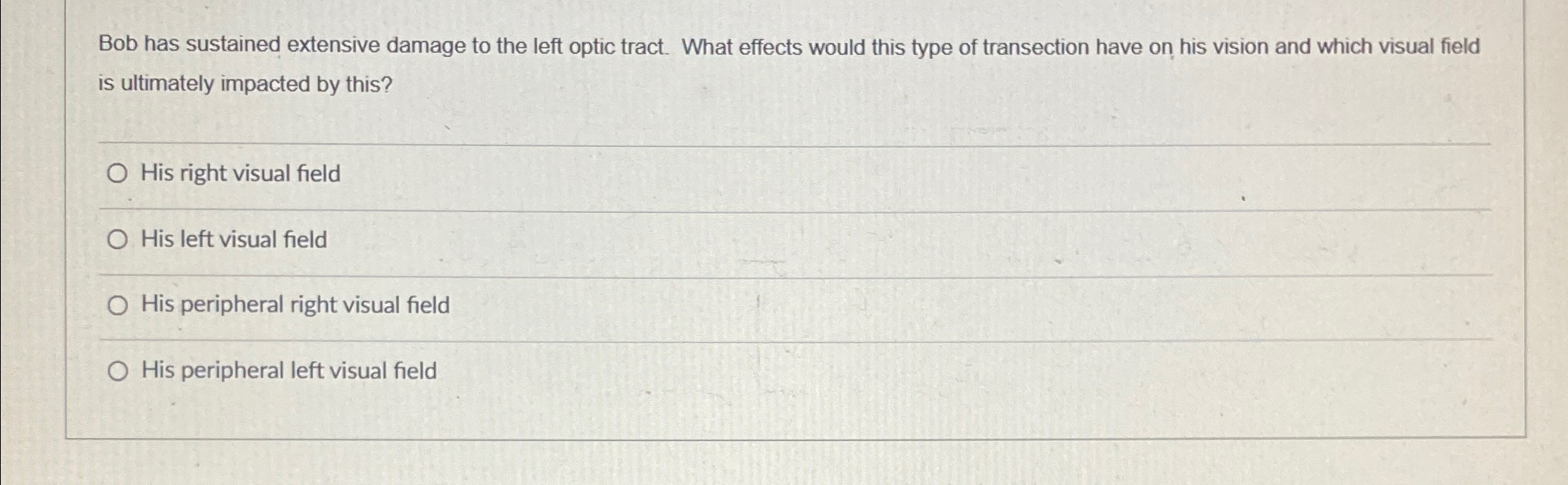 Solved Bob has sustained extensive damage to the left optic | Chegg.com
