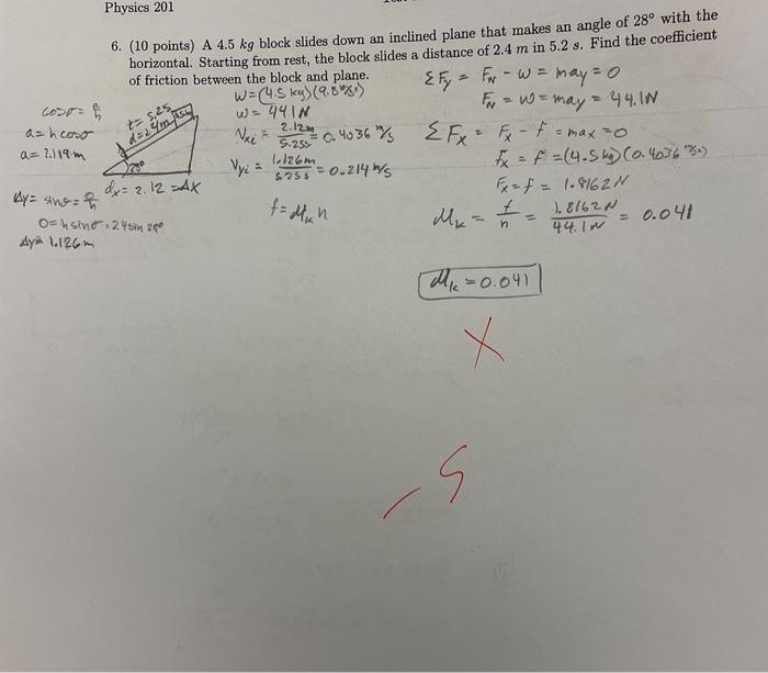 Solved Physics 201 6. (10 points) A 4.5 kg block slides down | Chegg.com