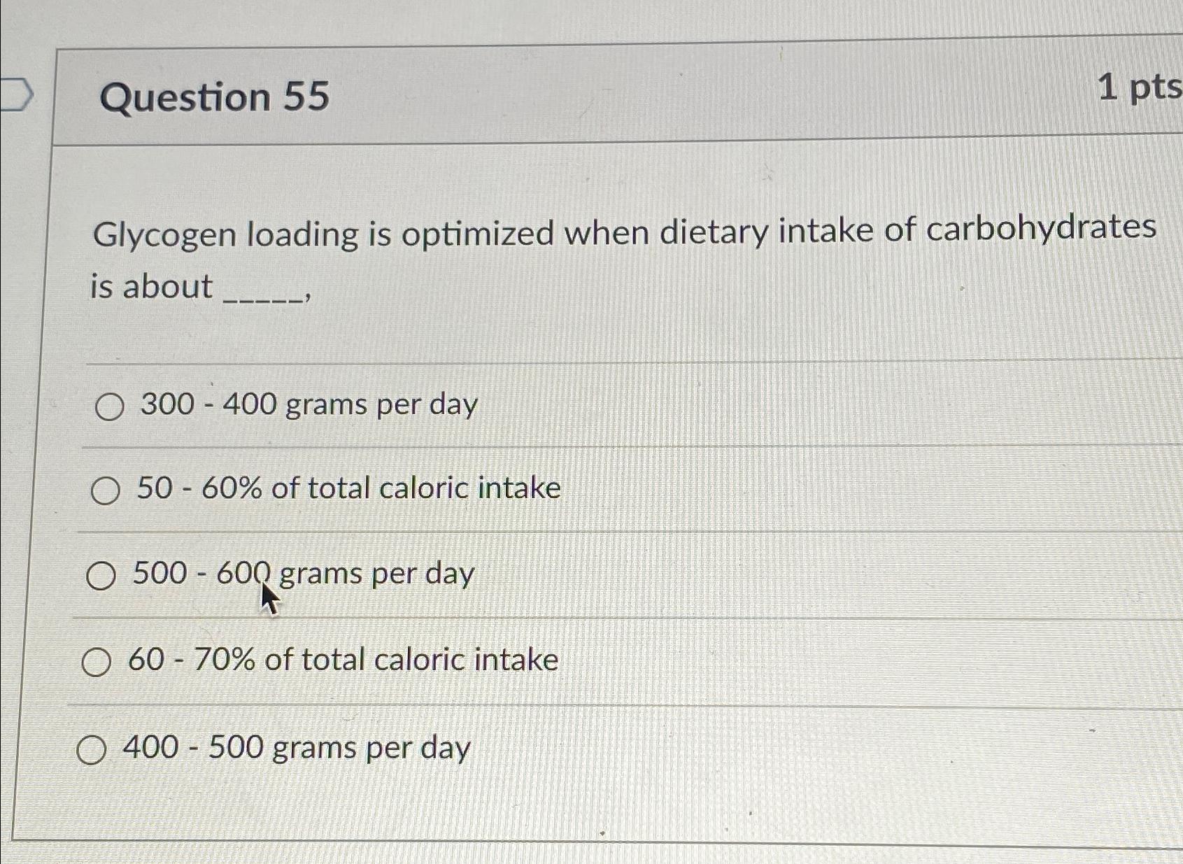 Solved Question 55Glycogen loading is optimized when dietary | Chegg.com