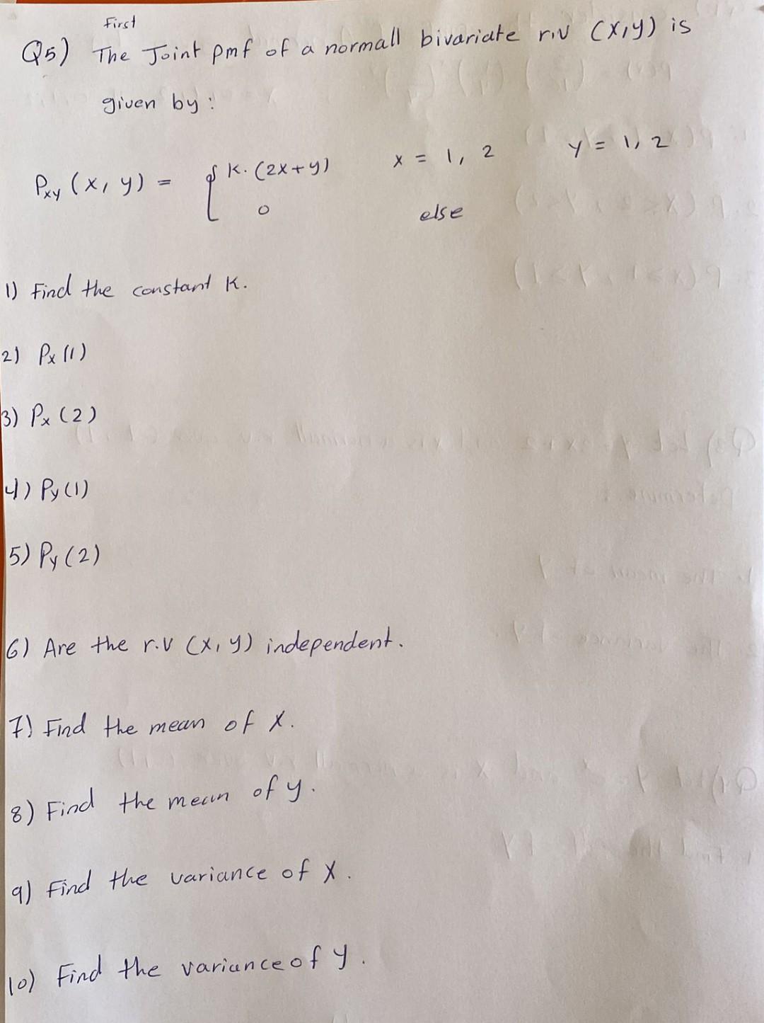 Q5) The Joint pmf of a normall bivariate riv(x,y) is | Chegg.com