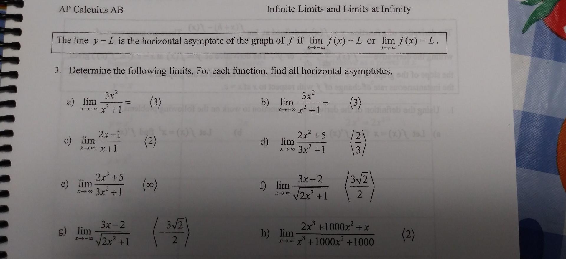 Solved AP Calculus AB Infinite Limits and Limits at Infinity | Chegg.com