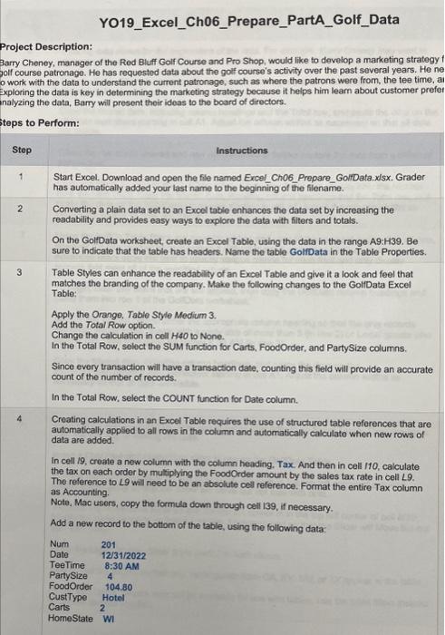 YO19_Excel_Ch06_Prepare_PartA_Golf_Data Project | Chegg.com