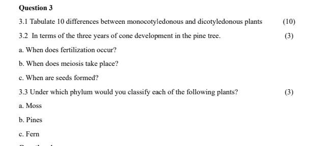 Solved 3.1 Tabulate 10 differences between monocotyledonous | Chegg.com