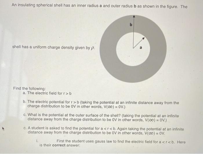 Solved An insulating spherical shell has an inner radius a | Chegg.com