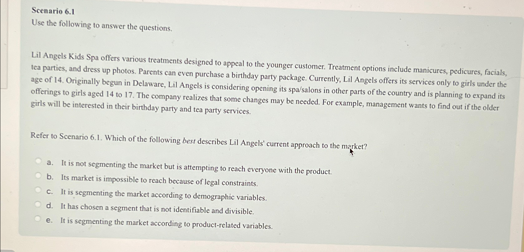 Solved Scenario 6.1Use the following to answer the | Chegg.com