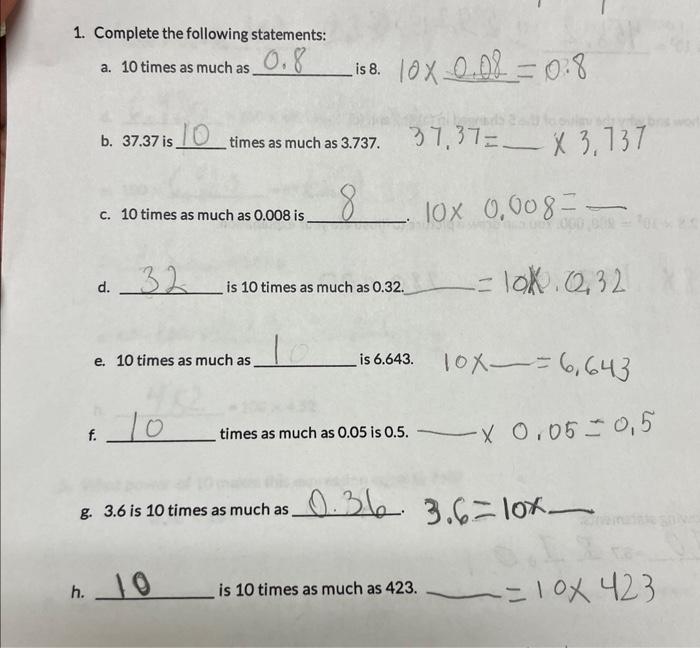 Solved 1. Complete the following statements: a. 10 times as | Chegg.com