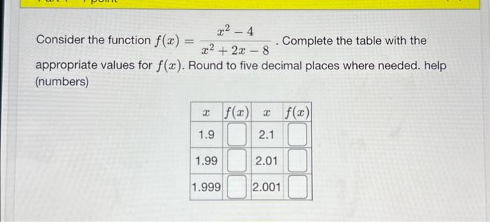 Solved Consider the function f(x)=x2+2x−8x2−4. Complete the | Chegg.com