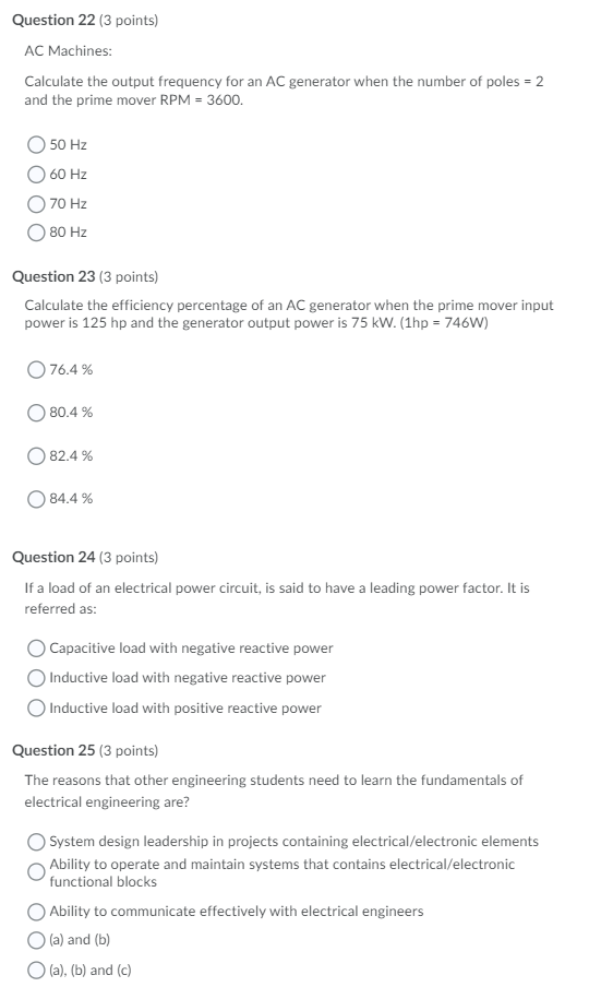 Solved Question 22 (3 points) AC Machines: Calculate the | Chegg.com