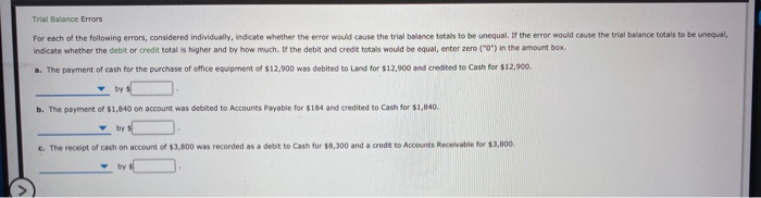 Solved Trial Balance Errors For each of the following | Chegg.com