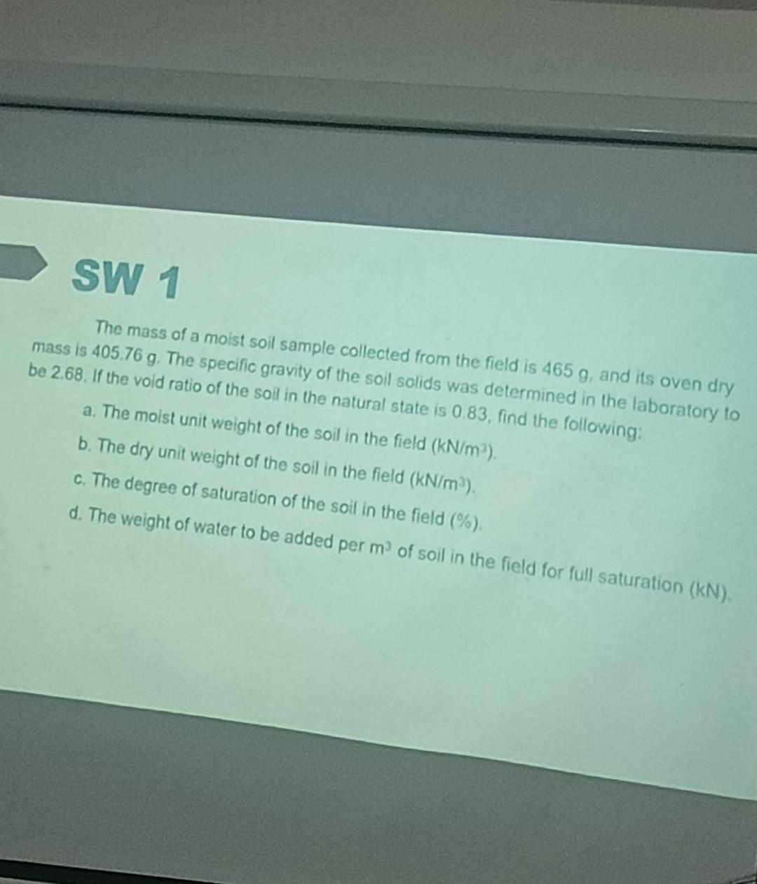 Solved The mass of a moist soil sample collected from the | Chegg.com