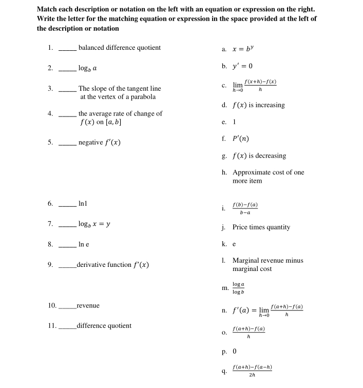 Solved Match each description or notation on the left with | Chegg.com