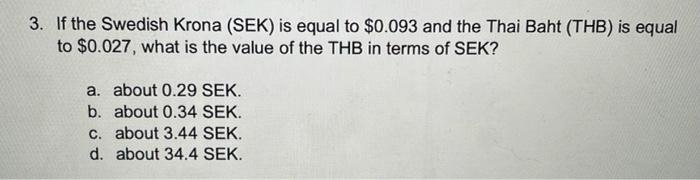 Solved 3. If the Swedish Krona (SEK) is equal to $0.093 and | Chegg.com