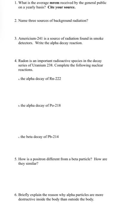 Solved 1. What is the average mrem received by the general | Chegg.com