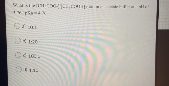 Solved What is the [CH3COO-)[CH3COOH] ratio in an acetate | Chegg.com