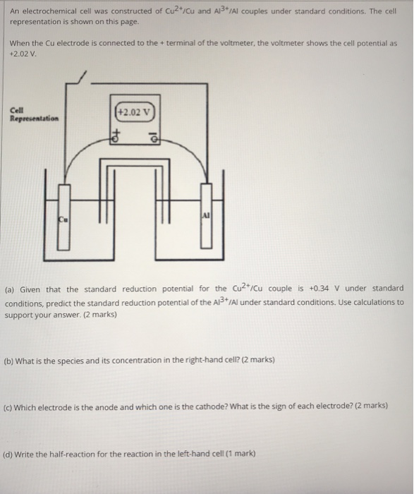 Solved An electrochemical cell was constructed of Cu2*/Cu | Chegg.com