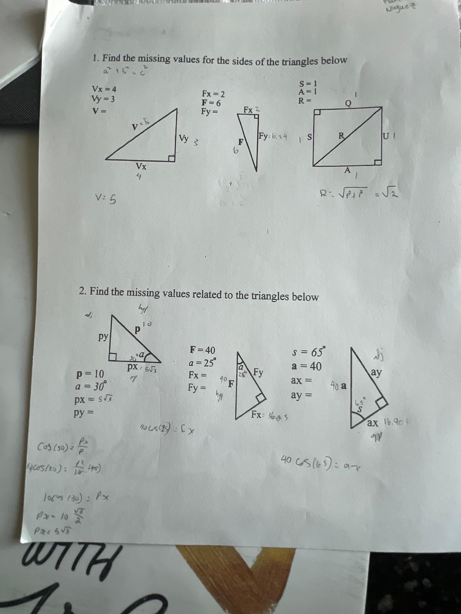 Solved Find the missing values for the sides of the | Chegg.com