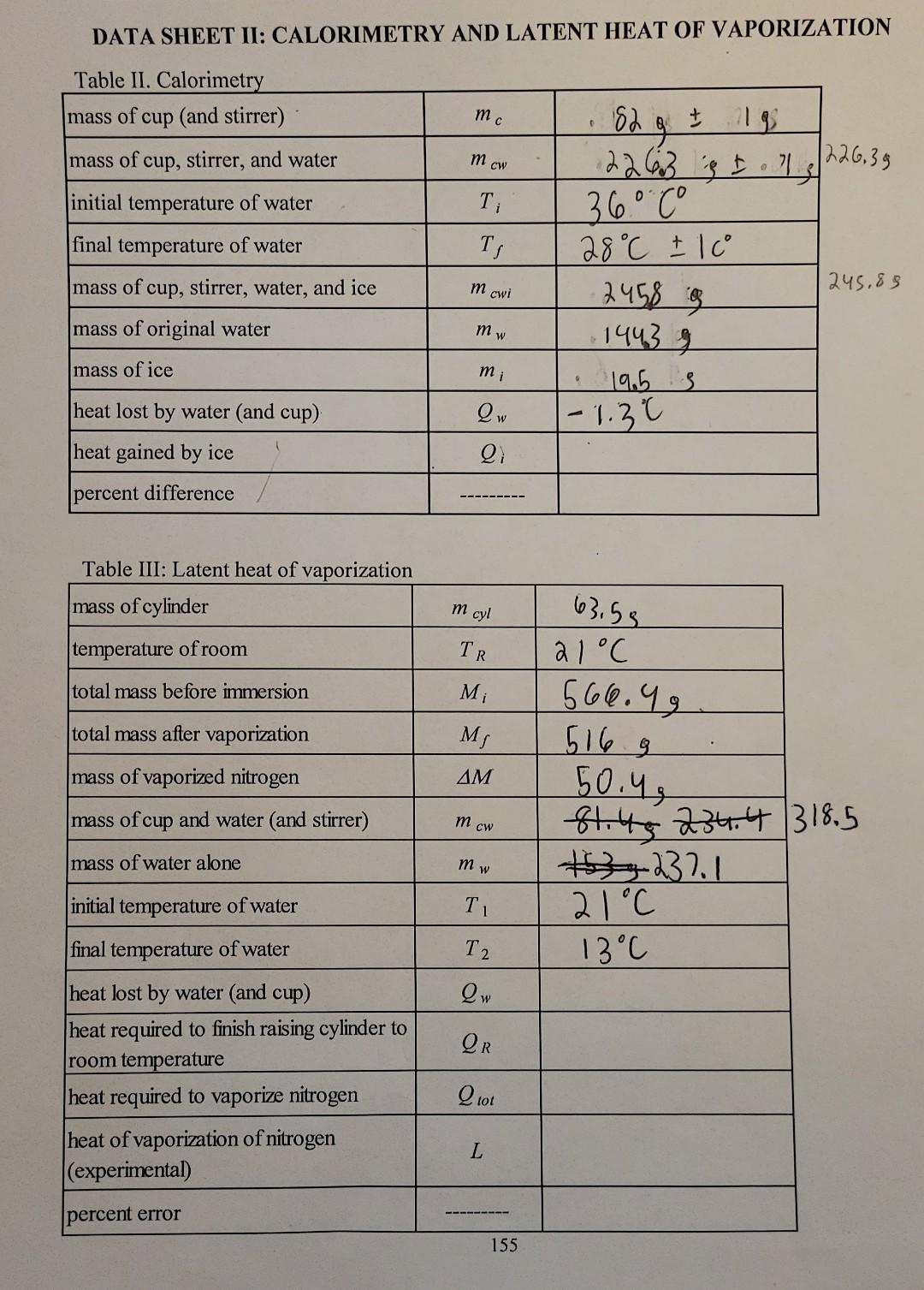 Solved DATA SHEET II: CALORIMETRY AND LATENT HEAT OF | Chegg.com